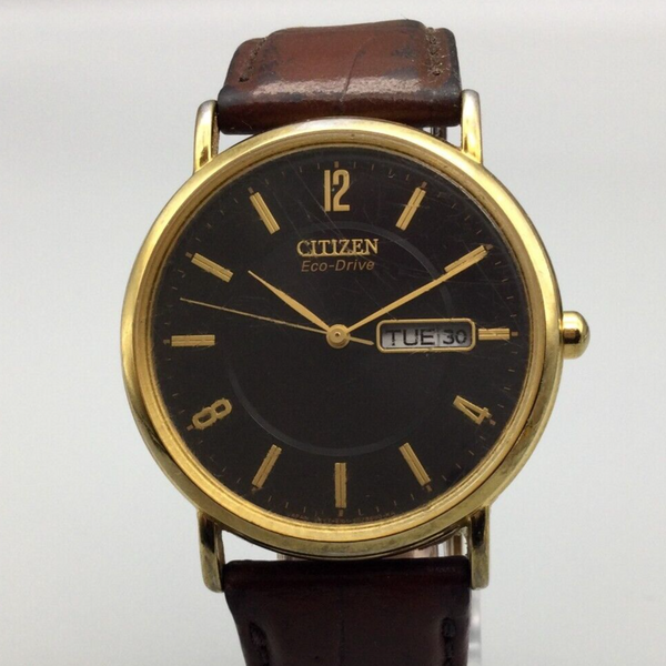 Citizen Eco-Drive Watch Men Gold Tone Day Date Round Black Round Dial ...
