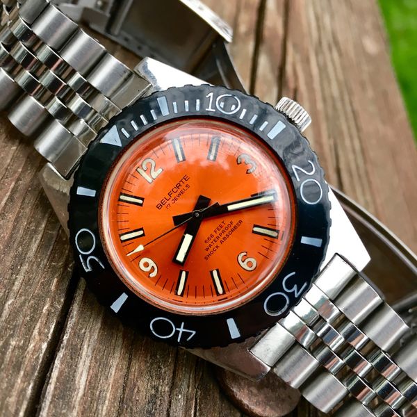 SOLD 1960's Belforte Skin-Diver - Orange Dial - Over-sized Bezel ...