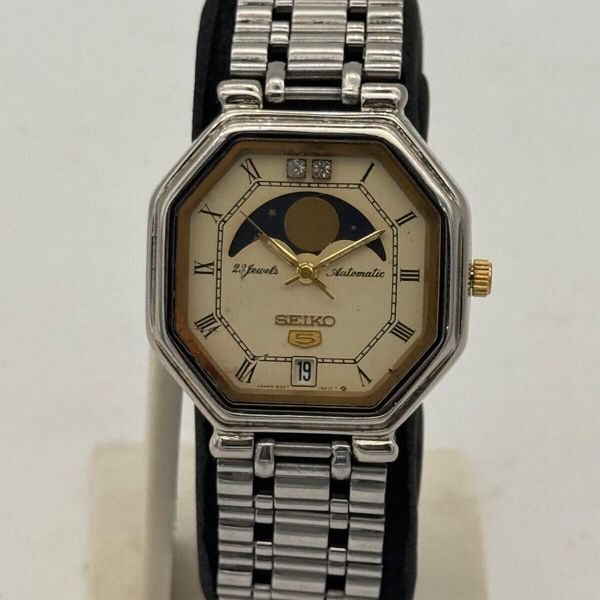 Vintage Seiko 5 Automatic Moon Phase Octagonal Roman Dial Japan Watch ...