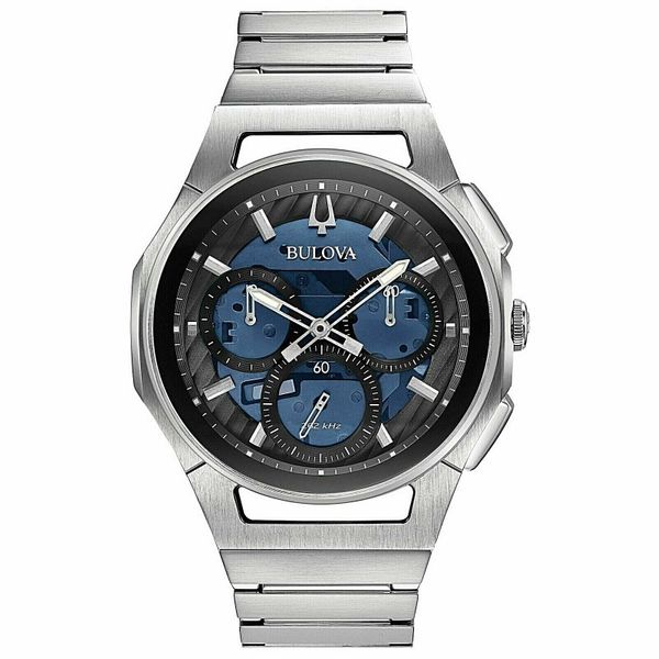 Bulova 98A205 Curv Curve Chronograph Watch Blue Dial Stainless Box ...