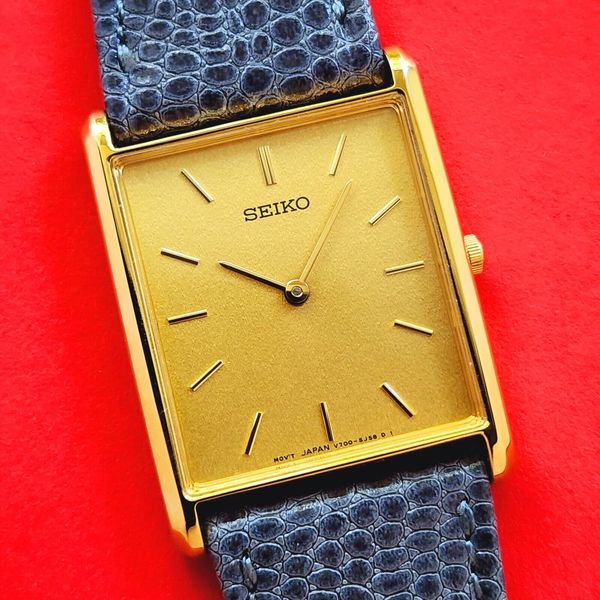 Seiko Tank Watch Rare Gold Coloured Case Leather Band V700-5K30 Vintage | WatchCharts Marketplace