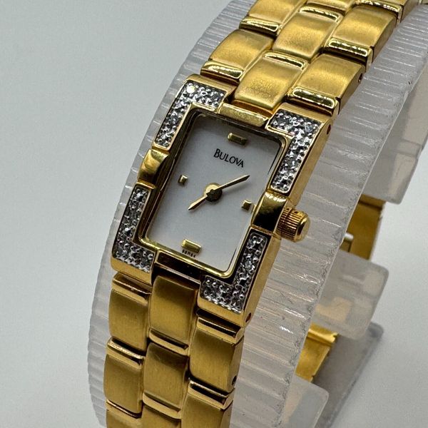 VTG Bulova Quartz Watch 98R64 Women Real Diamonds Gold Tone Rectangle ...