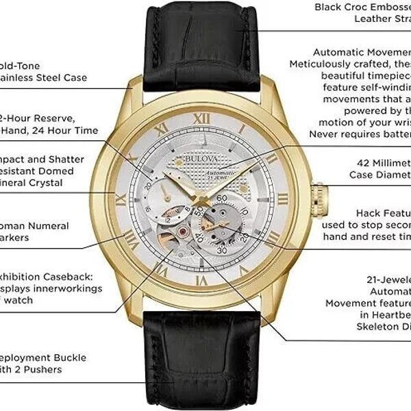 Bulova Men's Classic Sutton 4-Hand Automatic Black Leather Watch 97A187 ...