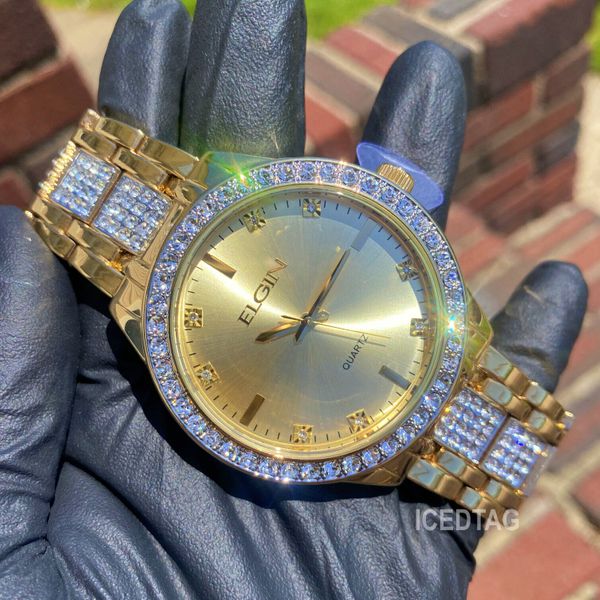 Men Iced Blinged Out Stainless Steel Gold Plated Diamond New Heavy Dial ...