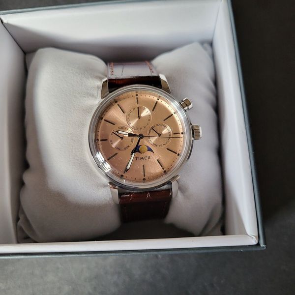 Timex Marlin Moon Phase Quartz Brown Leather Strap Men's Watch ...