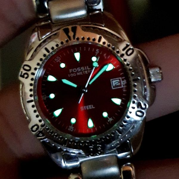 Fossil Diver Style Watch Ladies Red Dial All Stainless Steel Date New ...