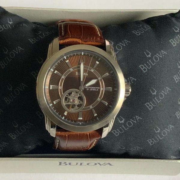 Men’s Bulova Mechanical Automatic Open Heart Brown Leather Strap ...