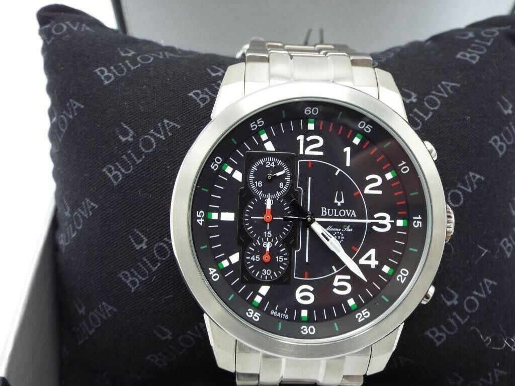 Bulova 96A116 Men's Black Dial Marine Star Chronograph Titanium Dress ...