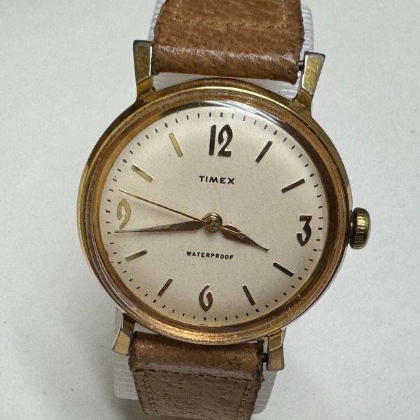 VTG Early Timex Hand-Winding Mechanical Watch Men Gold Tone Leather ...