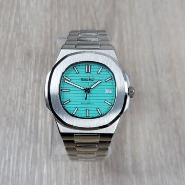 Seiko Nautilus Mod Custom Tiffany Blue Dial Automatic Glass Back Seiko ...