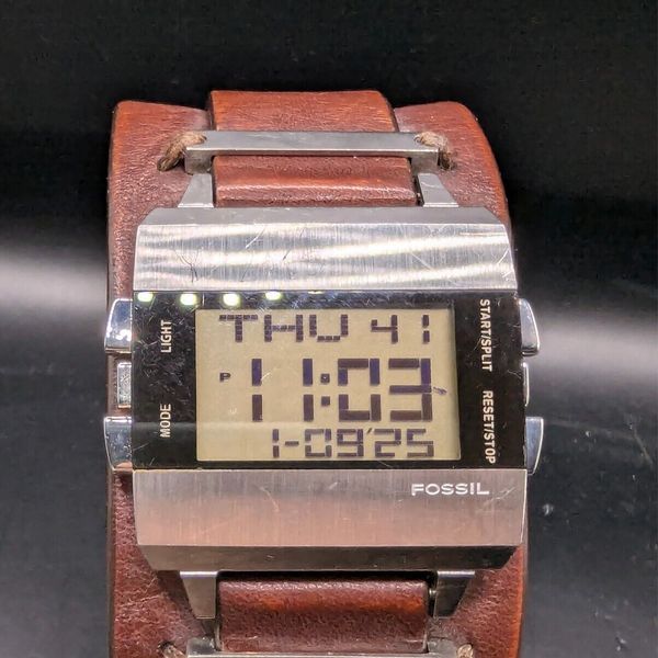 Vtg Fossil Digital Watch Men 39mm JR-9120 Brown Leather Cuff Band New ...