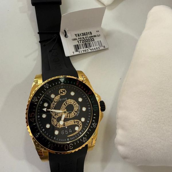 GUCCI Dive YA136219 45mm Gold King Snake Dial Men's Rubber Strap Watch ...