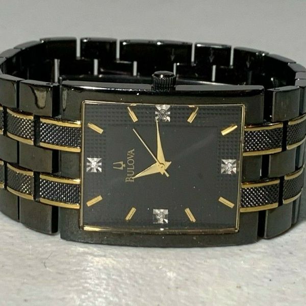 MENS BULOVA DIAMOND QUARTZ TANQUE PVD BLACK GOLDEN METAL WATCH C933141 ...
