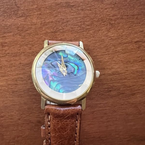 Vintage FOSSIL Watch Abalone Shell Dial LEATHER BAND QUARTZ WATCH ...