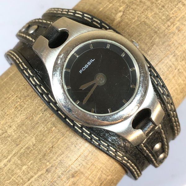 Fossil Big Tic Women Silver Tone Star Animation Black Leather Cuff ...