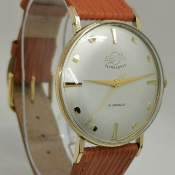 Vtg 1960s Enicar Ultrasonic Gold Plated Thin Bezel 35mm Gents Watch Cal ...