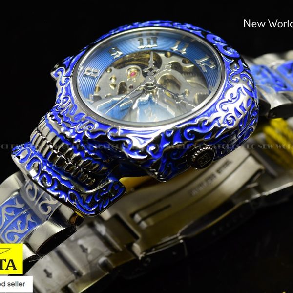 Rare Invicta Artist Skull Automatic Blue Dial 50mm Steel Men's Watch ...