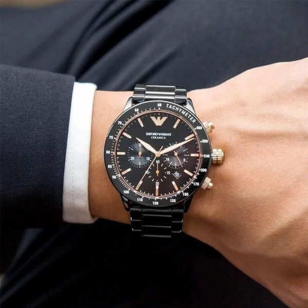 NEW EMPORIO ARMANI MENS WATCH CERAMIC BLACK DIAL BLACK BRACELET AR70002 ...