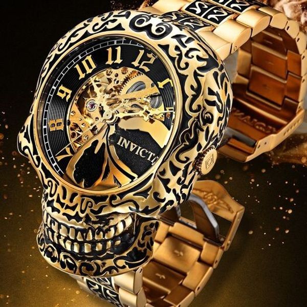 RARE Invicta Artist Skull Automatic Gold Black Movable Jaw Men's Watch ...