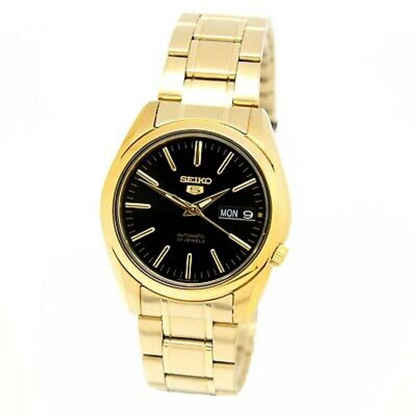 Seiko 5 #SNKL50 Men's Gold Tone Stainless Steel Black Dial Automatic ...