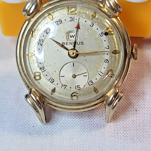 VTG BENRUS Pointer Date Manual Wind Watch STUNNING HORN LUGS Running ...