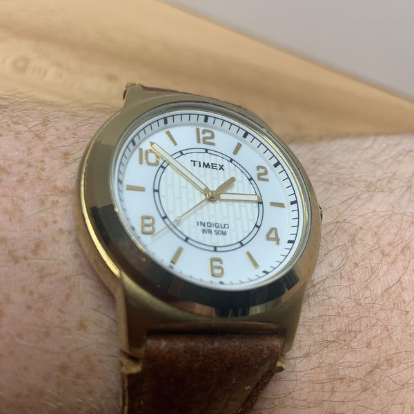 Vintage Timex Indiglo Watch Gold Tone Leather Band Dual Face Design ...