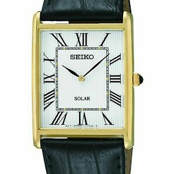 Seiko Men's Core Solar Powered Gold Tone Black Leather Band Watch ...