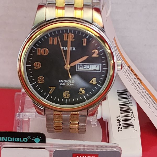 Men's Timex Indiglo Day/Date Watch, Silver & Goldtone . NWT. Working ...