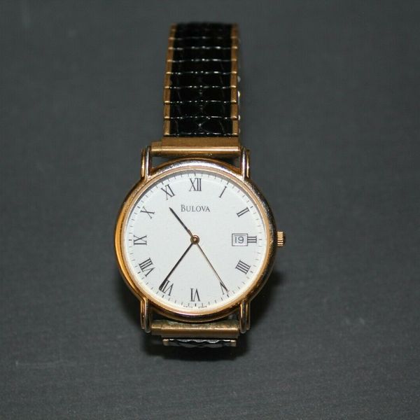BULOVA Quartz A1 Swiss 97913 Roman Numerals Date White Dial Flex Band ...
