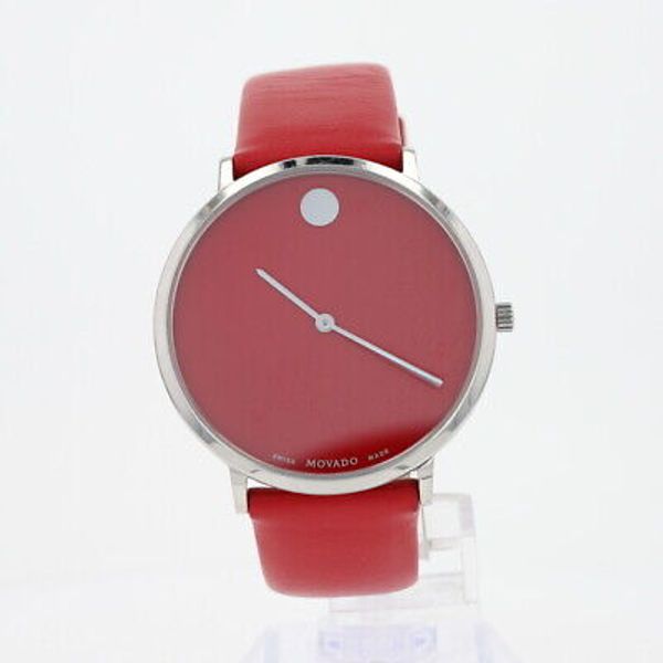 Movado ULtra Slim 40mm Red Dial Quartz Leather Strap Men's Wristwatch ...