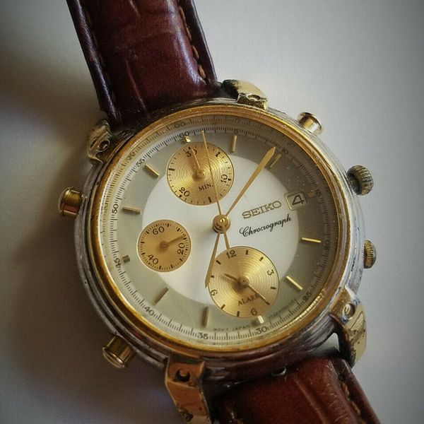 Seiko 7T32-F070 Men's Chronograph Gold Tone Watch Date Alarm Brown ...