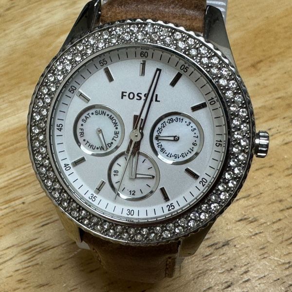 Fossil Quartz Watch ES-2997 Women 50 Silver Steel Leather Day Date New ...