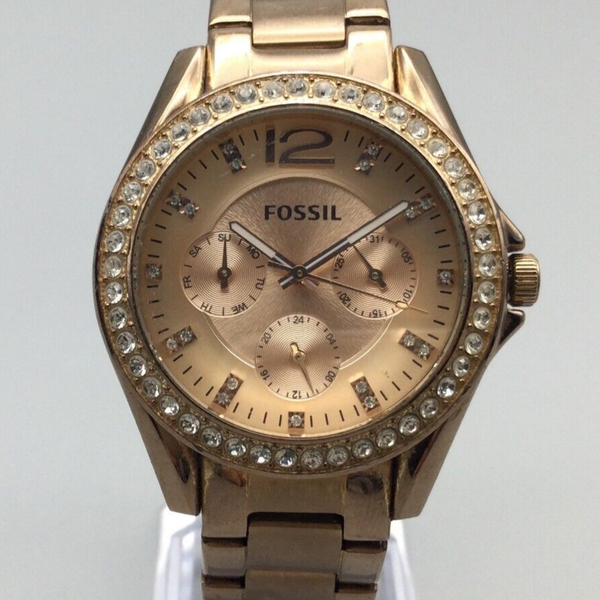 Fossil Riley Watch Women 37mm Rose Gold Tone Bling Day Date New Battery ...