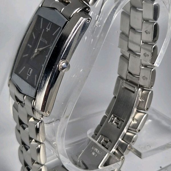 BULOVA MEN'S STAINLESS STEEL WATER RESISTANT BLACK DIAL RECTANGLE 26X36 ...
