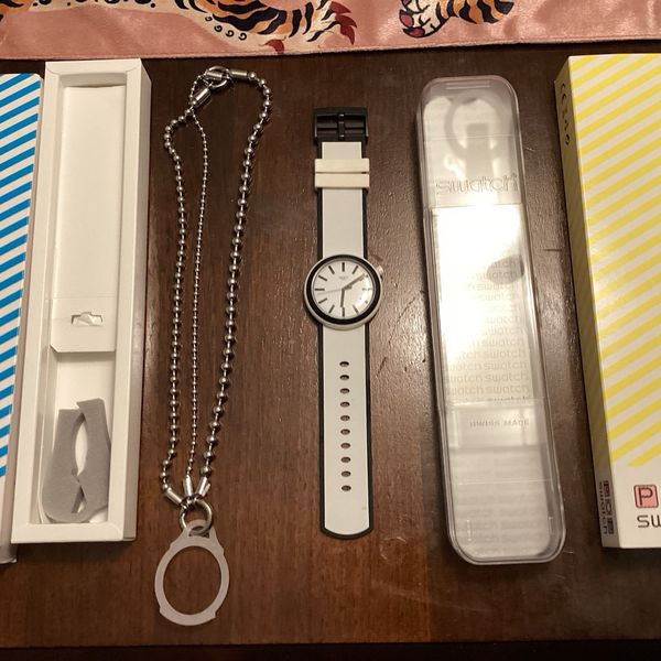 New SWATCH Swiss Black White POPWATCH & Silver Bead Necklace Flavor ...
