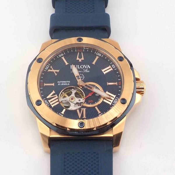 BULOVA MARINE STAR BLUE DIAL ROSE GOLD STAINLESS STEEL WATCH 98A227 ...
