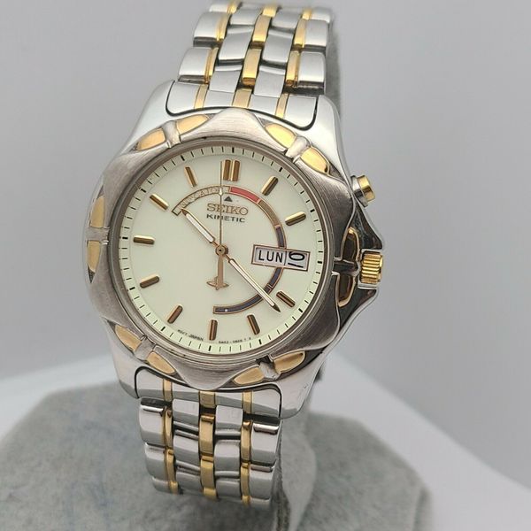 SEIKO KINETIC Men's watch Two-Tone Day & Date 5M43-0A89 Luminous dial ...