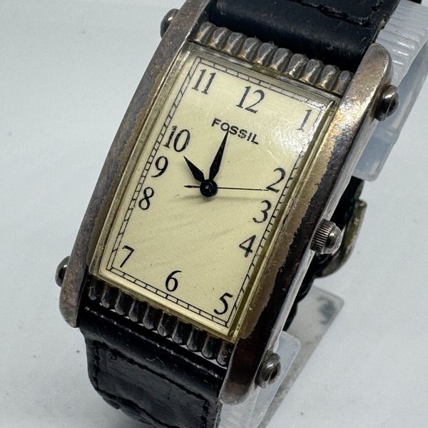 VTG Fossil Quartz Watch Unisex Silver Long Curved Rectangle Leather New ...