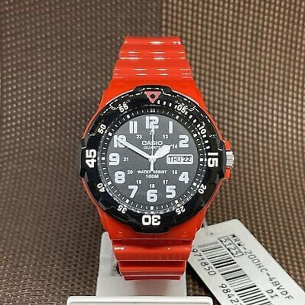 Casio MRW-200HC-4B Red Analog Black Resin Diver Design Sport Quartz Men ...