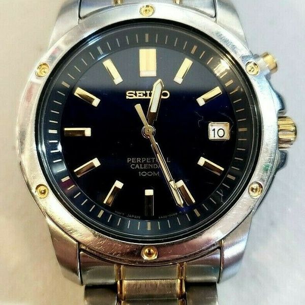 Seiko 6A32-00B0 Perpetual Calendar Watch Two Toned Stainless Steel Blue ...