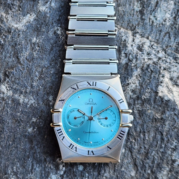 OMEGA CONSTELLATION QUARTZ ICE BLUE DIAL MEN'S DRESS DAY DATE WATCH ...