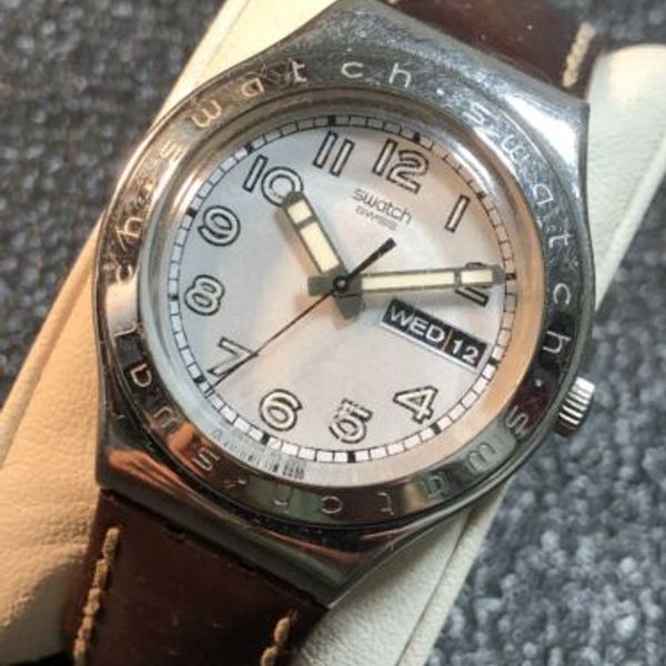 Swatch Irony 37mm Swiss Watch Stainless Steel Leather Band AG2003 New ...