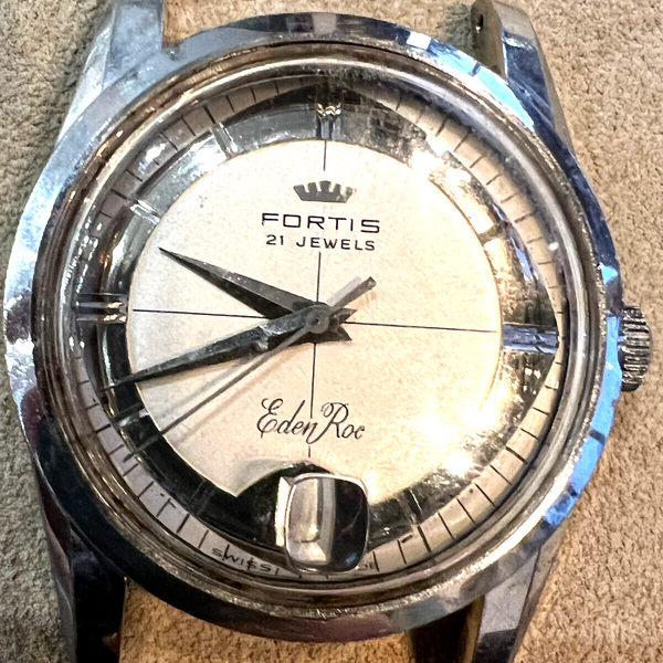 Vintage Fortis Eden Roc 21 Jewel watch parts movement dial case glass ...