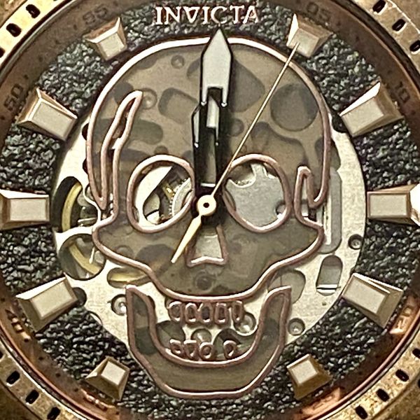 48mm Auto TALKING SKULL Brown Distressed Case Skeleton Dial Invicta ...