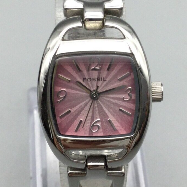 Fossil F2 Watch Women Silver Tone Pink Square Dial 50M New Battery 6 ...