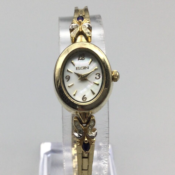 Elgin Watch Women 18mm Gold Tone Blue Bling MOP Oval Dial New Battery 6 ...