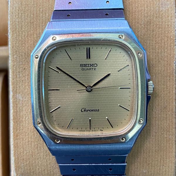 RARE SEIKO Chronos Quartz Gold Dial Watch Men Silver Strap Vintage ...