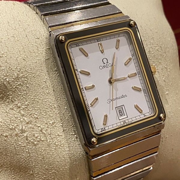 Rectangular Omega Seamaster Two-Tone Gold & Steel Watch, ref 1430 + Box ...