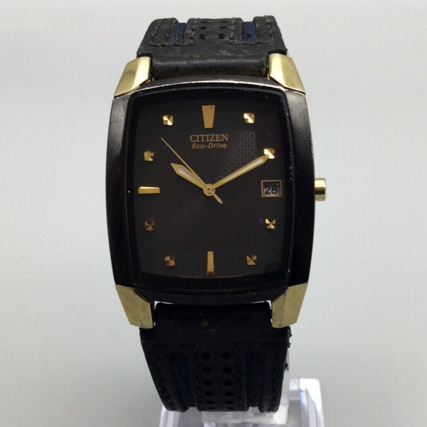 Citizen Eco-Drive Watch Men Black Gold Tone Tank E111-S049393 Leather ...