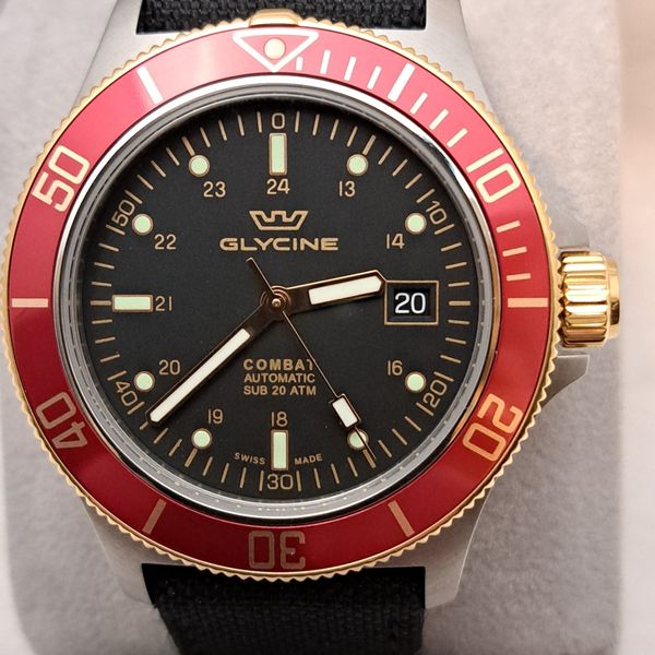 Glycine Combat Sub 42mm Automatic GL0092 Red Bezel, Black and Gold READ ...